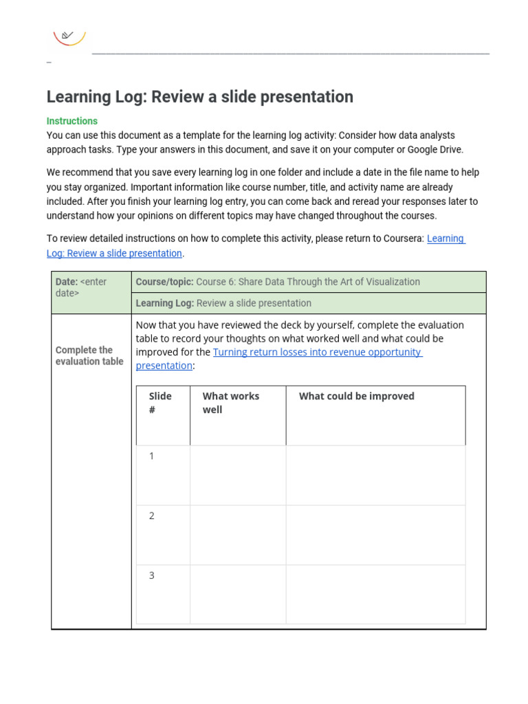 Learning Log Template - Review A Slide Presentation | PDF