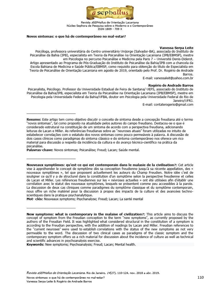 Novos Sintomas e Mal-Estar Contemporâneo | PDF