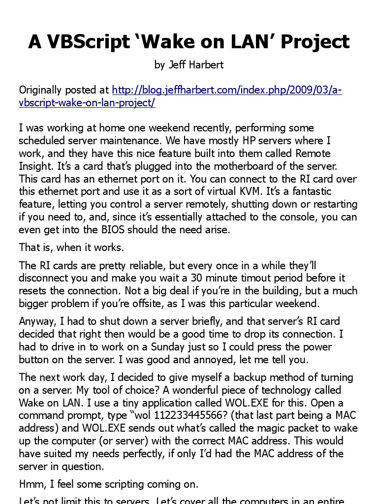 A VBScript Wake On LAN' Project | PDF | System Software | Computer Engineering