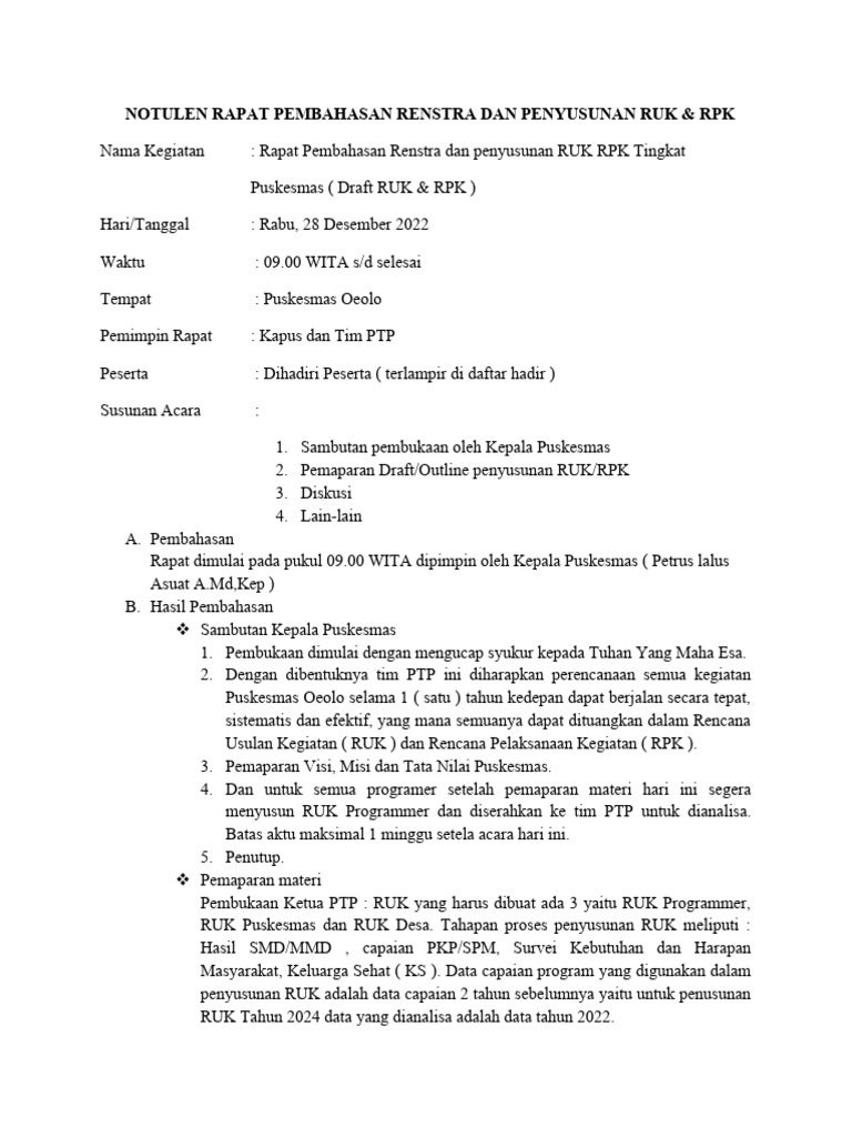 Notulen Rapat Perencanaan Ruk & RPK-1 | PDF