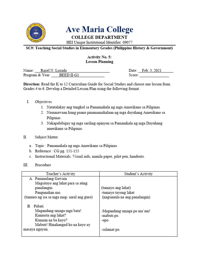 Ma'am Rada Lesson Plan | PDF