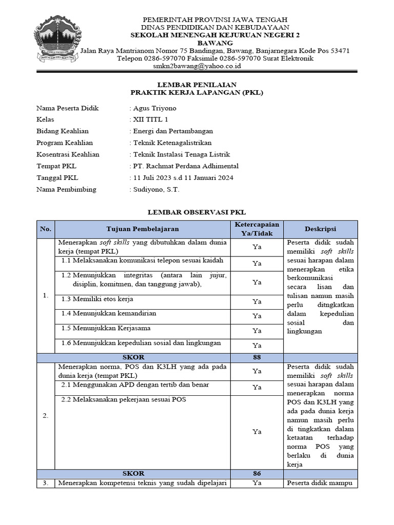 Lembar Penilaian PKL | PDF