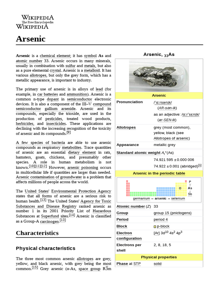 Arsenic: Properties, Uses, and Risks | PDF