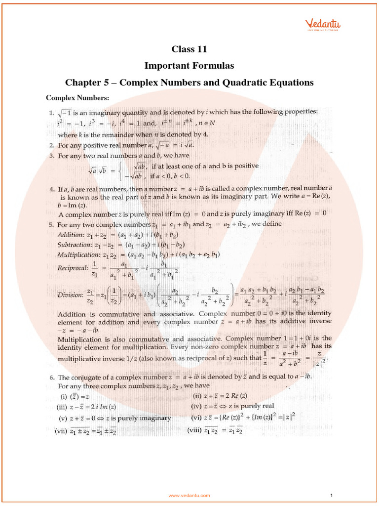 CBSE Class 11 Maths Chapter 5 - Complex Numbers and Quadratic Equations Formulas | PDF
