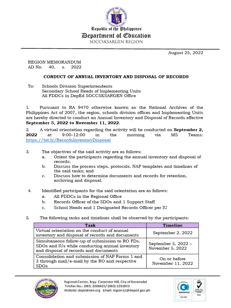 Region Memorandum AD 40 CONDUCT OF ANNUAL INVENTORY AND DISPOSAL OF ...