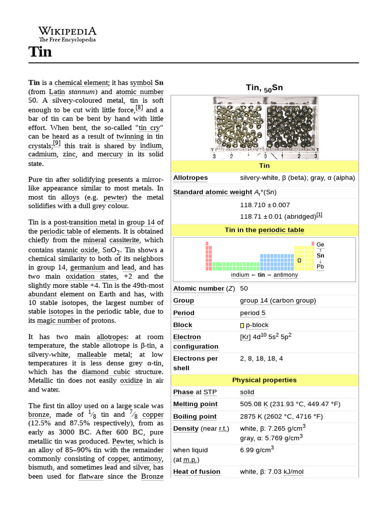 Tin Is A Chemical Element It Has Symbol SN | PDF | Tin | Isotope