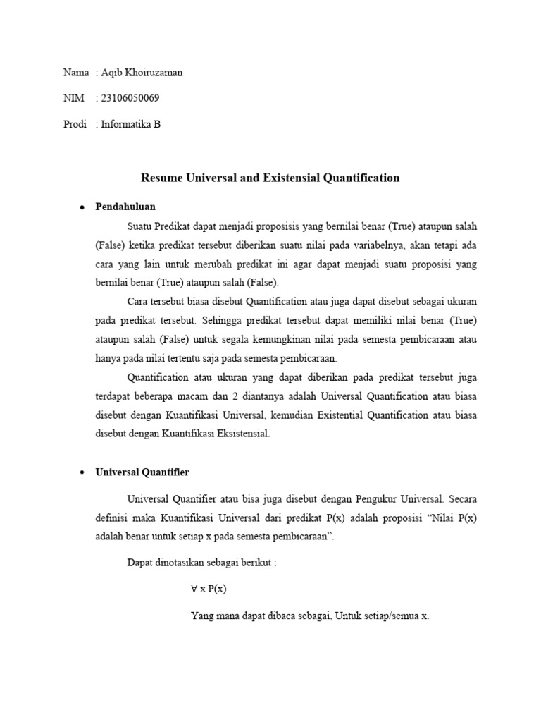 Resume Universal and Existensial Quantification Aqib Khoiruzaman 23106050069 | PDF