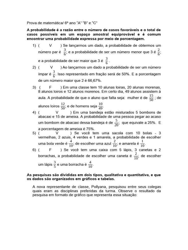 Prova 6 Ano A B e C Ciclo 2 Bloco 2 | PDF | Probabilidade