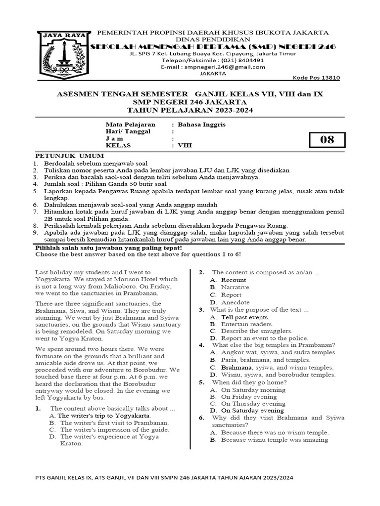 Soal Bahasa Inggris Kelas 8 Ats Ganjil 2023 | PDF