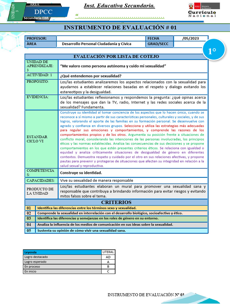 1º DPCC - LC Act.1 Uni 3 - Sem 01 | PDF | La sexualidad humana | Evaluación