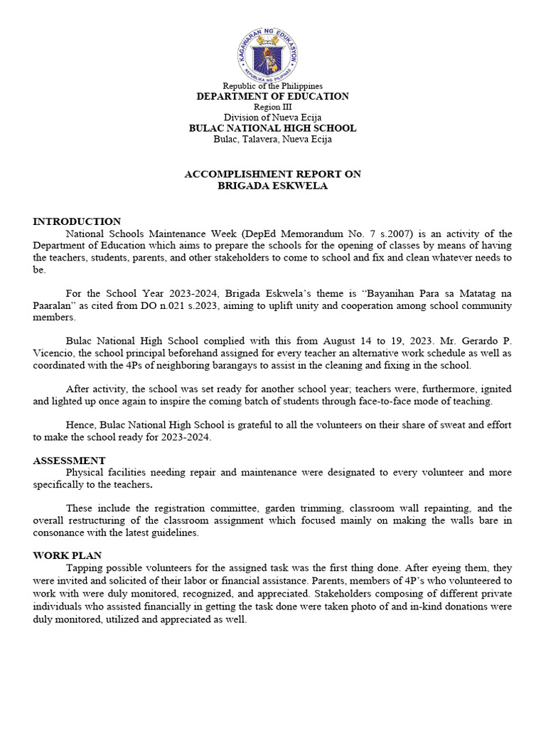 Brigada Eskwela 2023 Accomplishment Report | PDF | Teachers