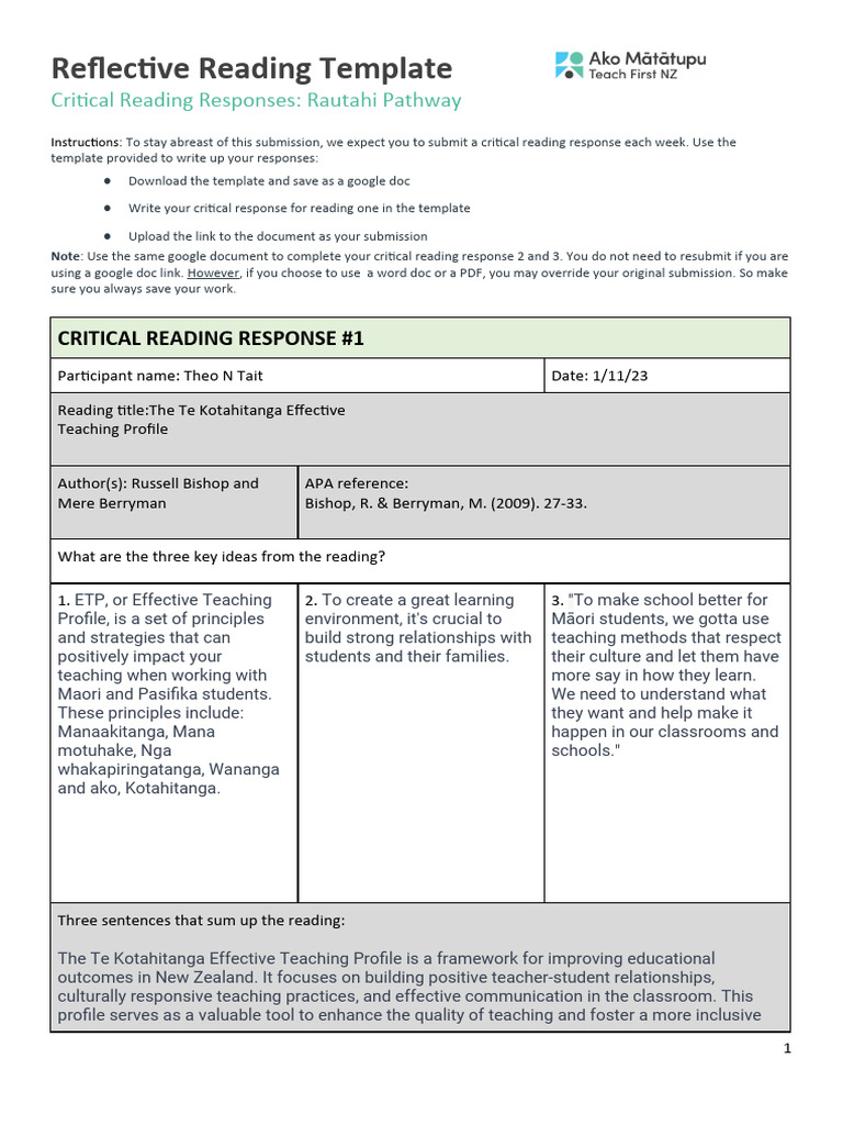 Critical Reading Response Template | PDF | Samoa | Poverty