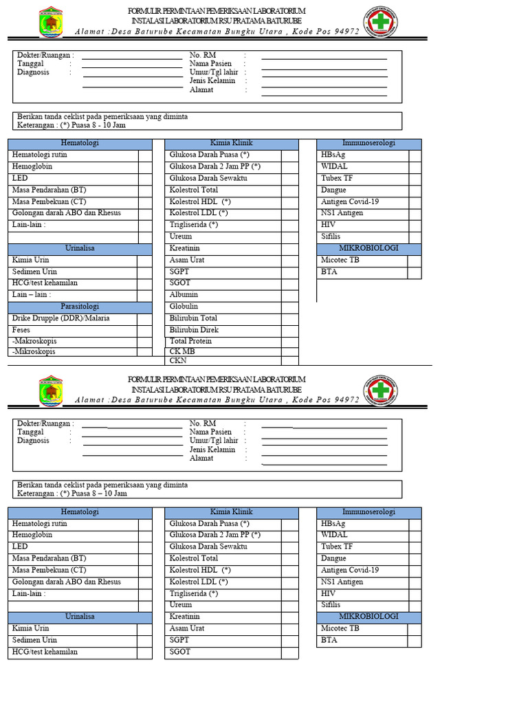 Formulir Permintaan Pemeriksaan Laboratorium | PDF