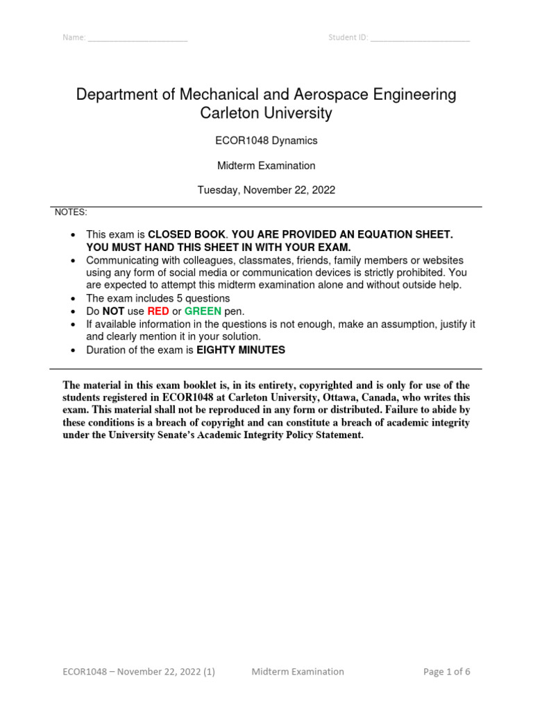 ECOR 1048A Midterm Solutions | PDF | Physical Quantities | Motion (Physics)