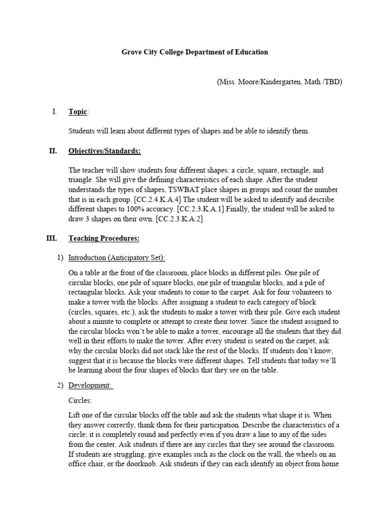 Lesson Plan Kindergarten Geometry - Educ 202 | PDF | Rectangle | Triangle