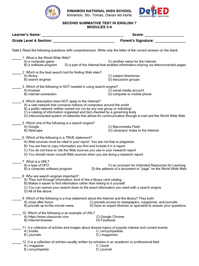 English 7 Summative Test Guide | PDF | World Wide Web | Internet & Web