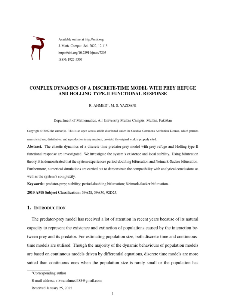 (2022-1) Complex Dynamics of A Discrete-Time Model With Prey Refuge and Holling type-II ...