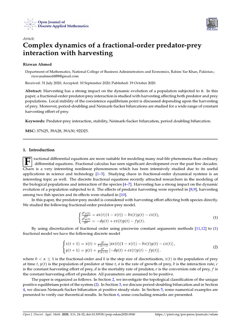 (2020) Complex Dynamics of A Fractional Order Predator Prey Interaction With Harvesting | PDF ...