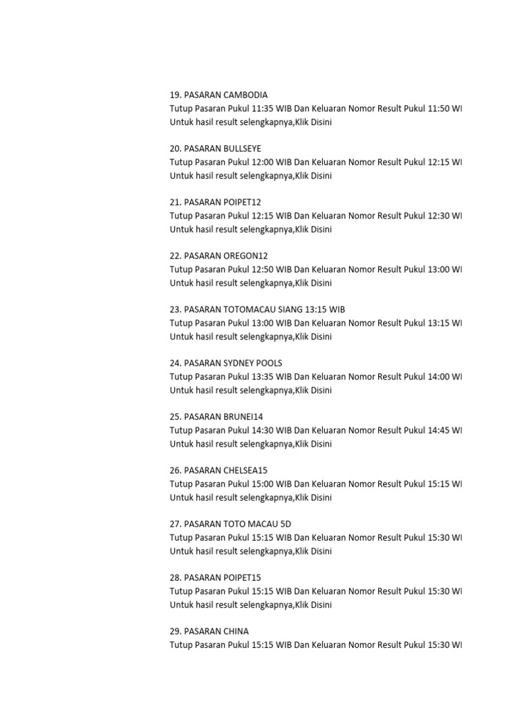 Daftar Pasaran dan Jadwal Result | PDF