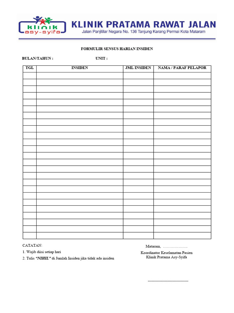 Format Formulir Sensus Harian Insiden | PDF