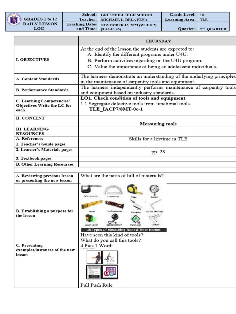LO1. Check Condition of Tools and Equipment. TLE - IACP7/8MT-0c-1 ...