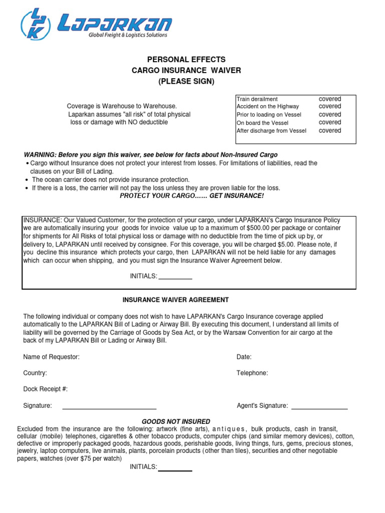 Insurance Waiver Form - Personal Effects - 2007 | PDF