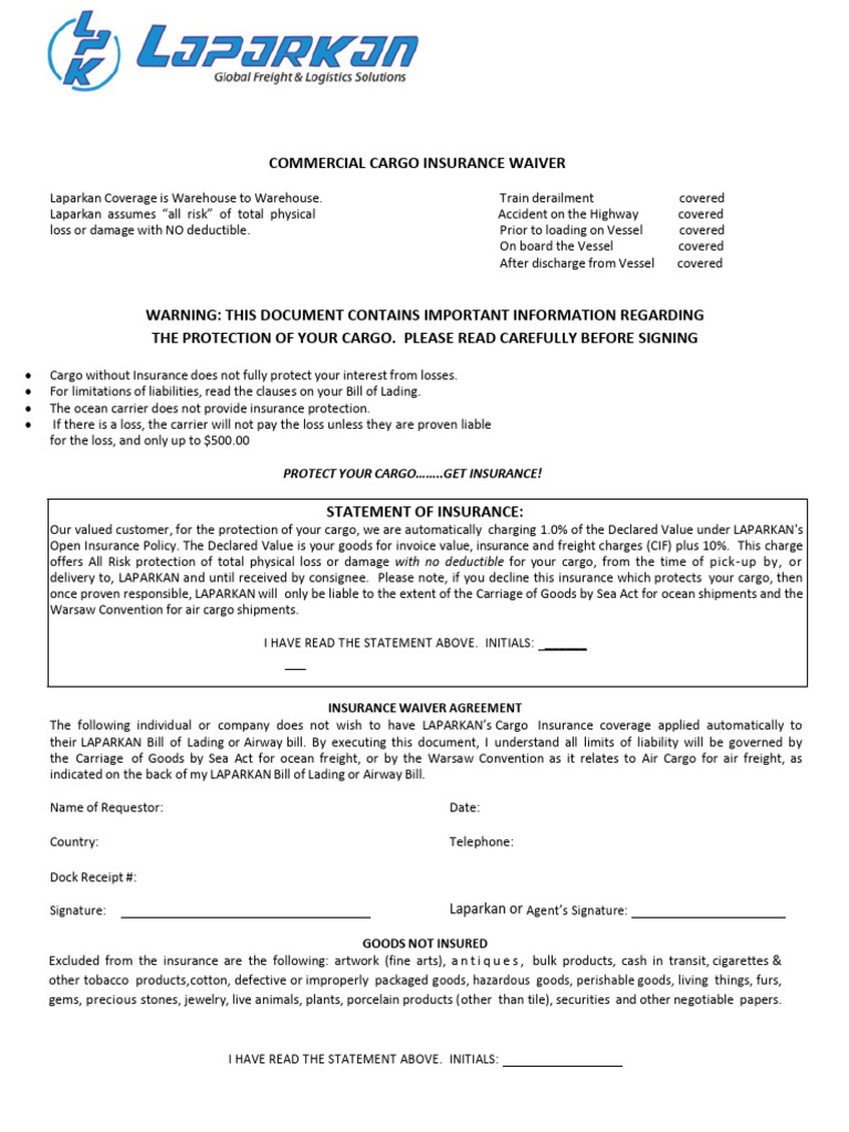 Commercial Cargo Insurance Waiver-2017 | PDF | Cargo | Bill Of Lading