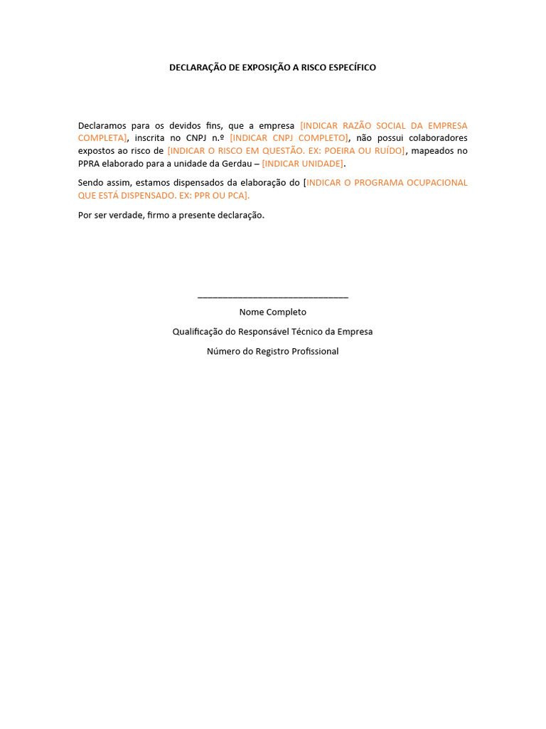 Modelo 05 - Declaracao de Exposicao A Risco Especifico | PDF