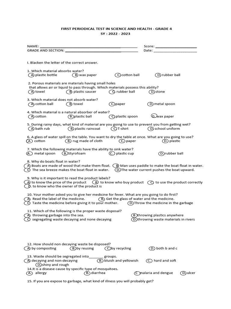 Grade 4 First Periodical Test in SCIENCE | PDF | Waste | Water