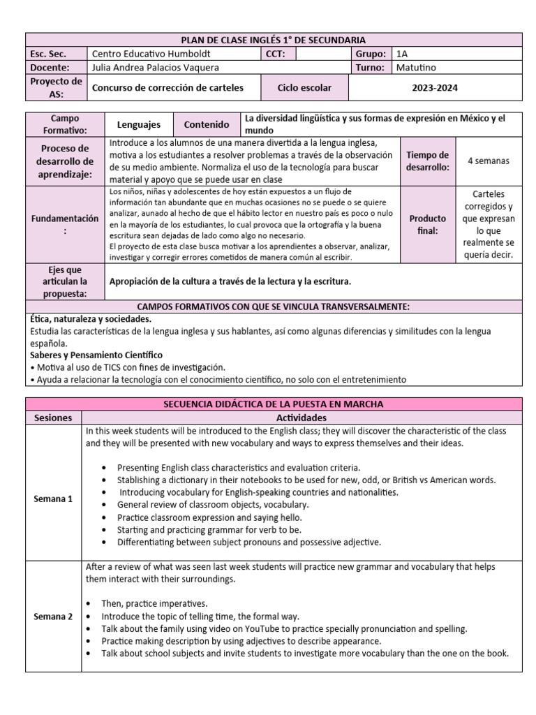 Planeacion de Ingles 1ro A 3ro de Secundaria. | PDF
