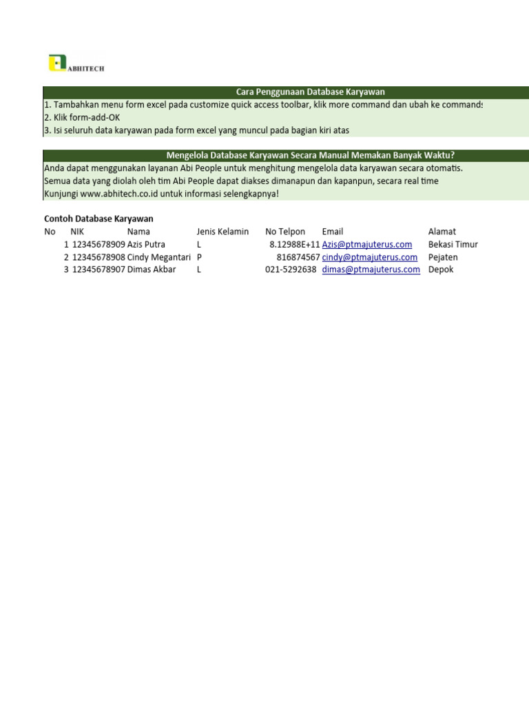 Panduan Database Karyawan Excel | PDF