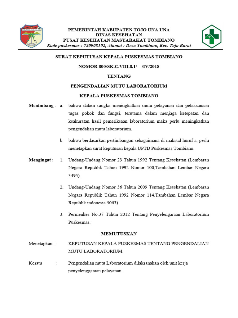 SK Penegendalian Mutu Laboratorium | PDF