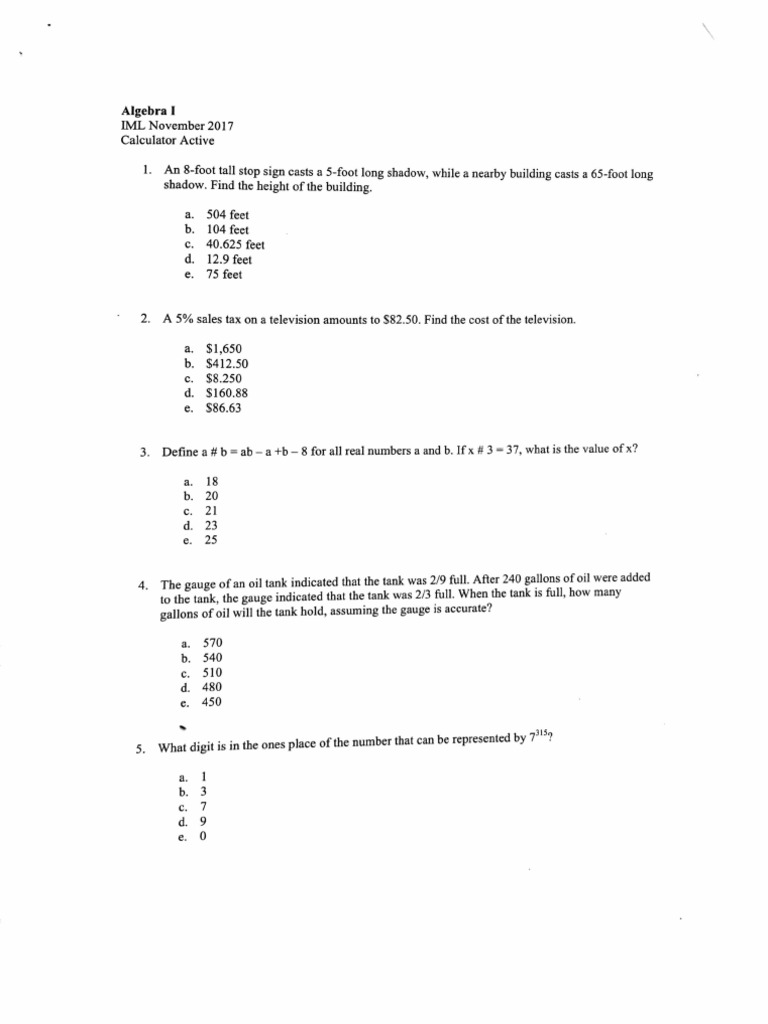Algebra Practice Test 1 With Key | PDF