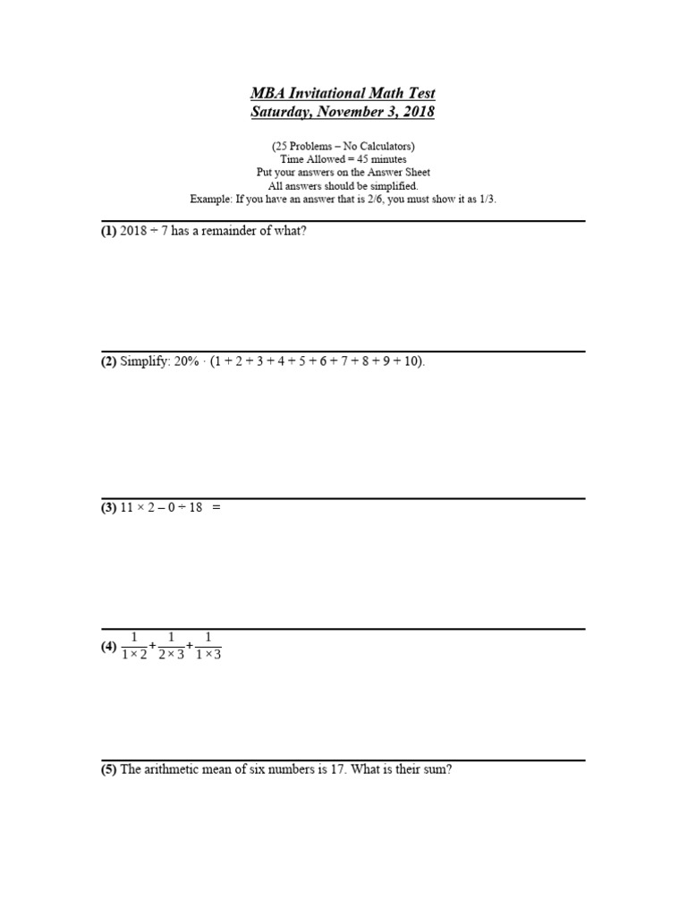 MBA 2018-19 Invitational 6th Grade Math Test | PDF
