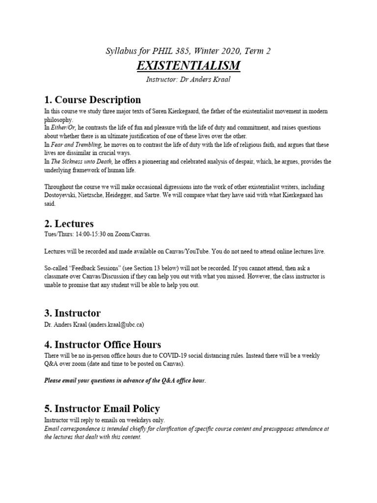 PHIL 385: Kierkegaard's Existentialism Syllabus | PDF