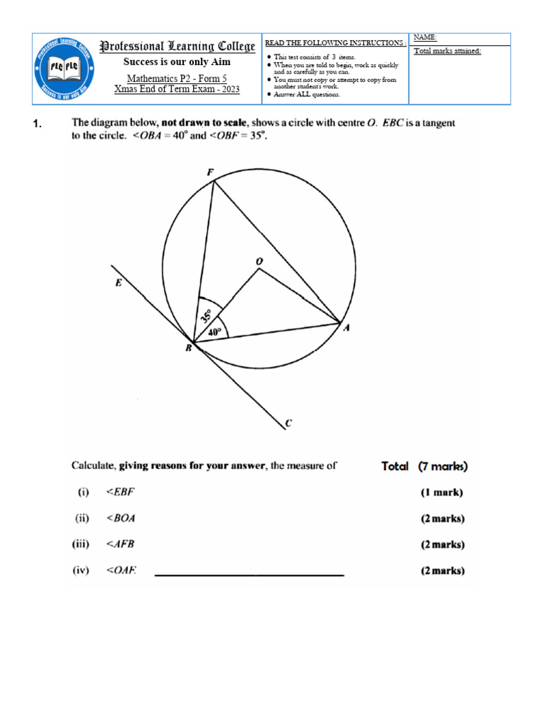 Form 5 December Term 2023 Exam P2 | PDF