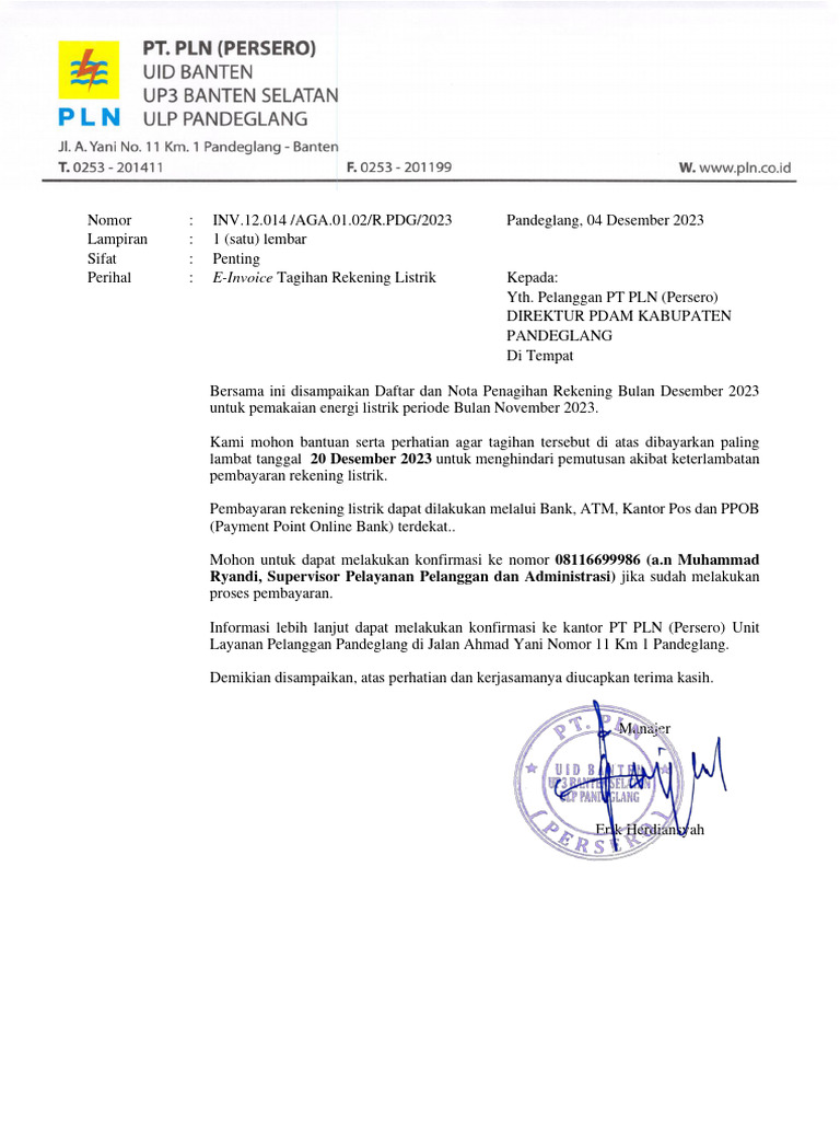 Surat Tagihan Rekening Listrik Desember 2023 | PDF