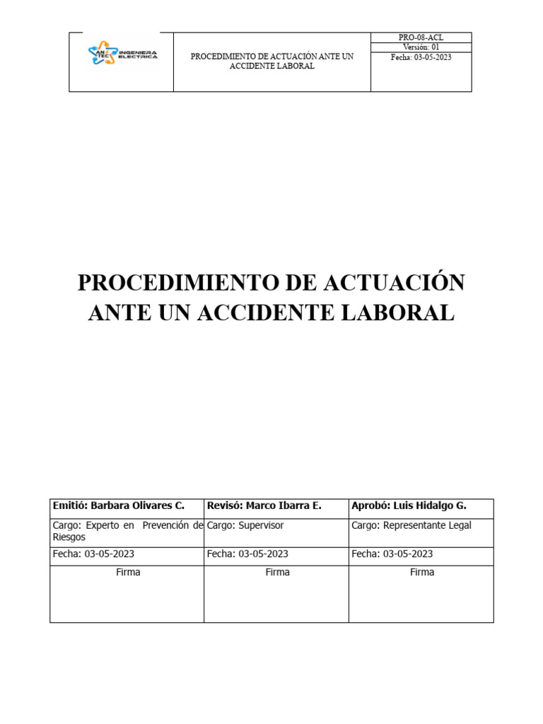 PROCEDIMIENTO DE ACTUACIÓN ANTE UN ACCIDENTE LABORAL | PDF | Peligros | Las condiciones de trabajo