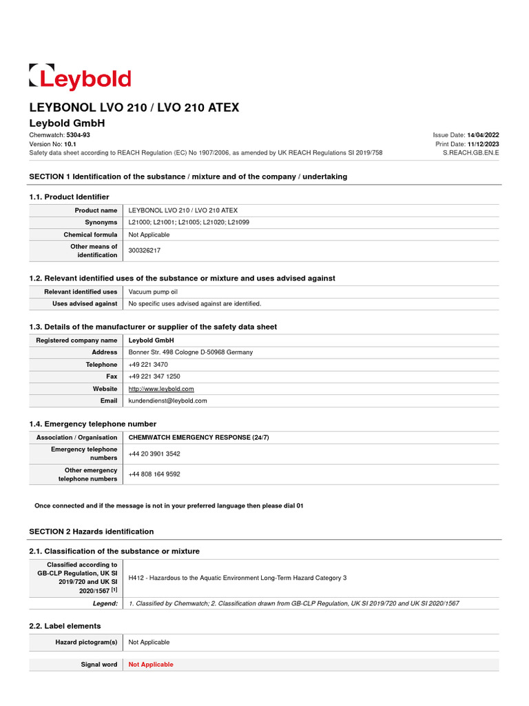 SDS Leybonol LVO 210 | PDF | Dangerous Goods | Toxicity