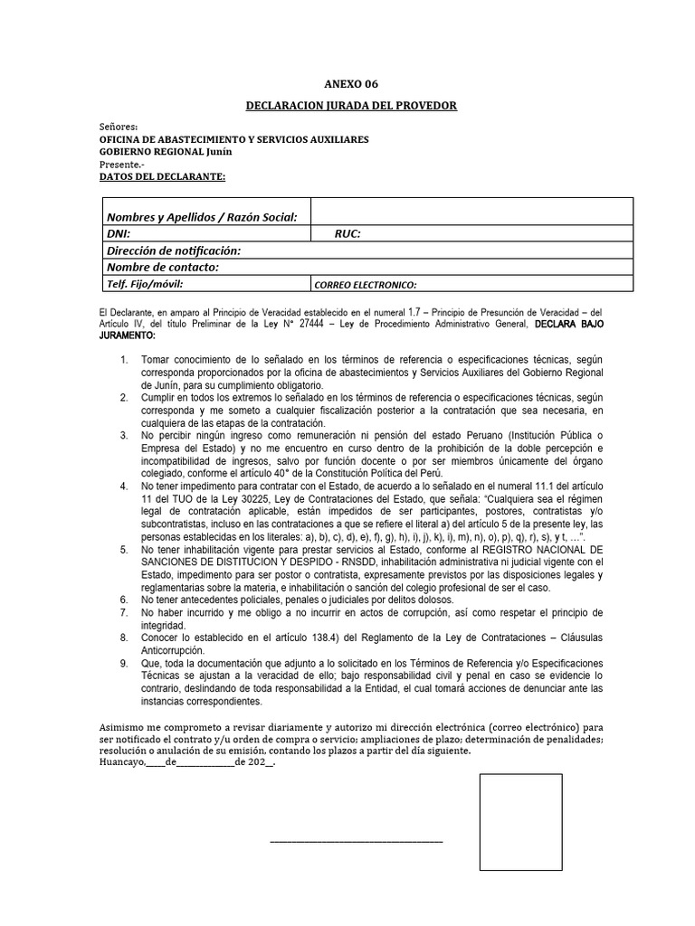Anexo #06 - Declaracion Jurada de Proveedor | PDF | Corrupción política | Justicia