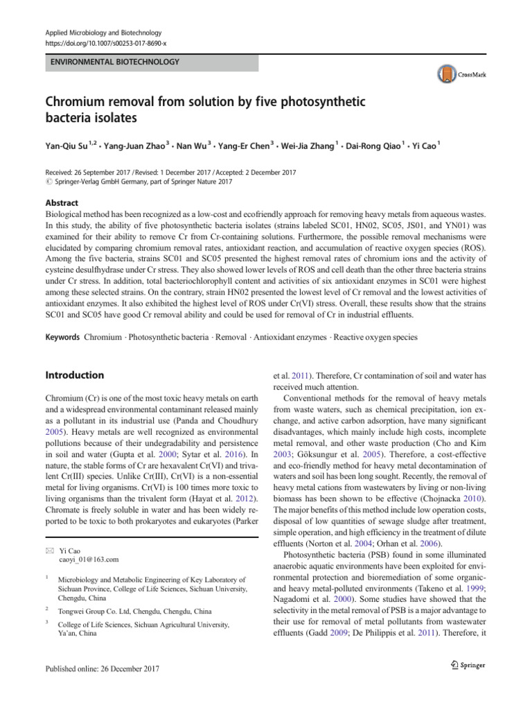Chromium Removal From Solution by Five Photosynthetic | PDF | Chromium ...