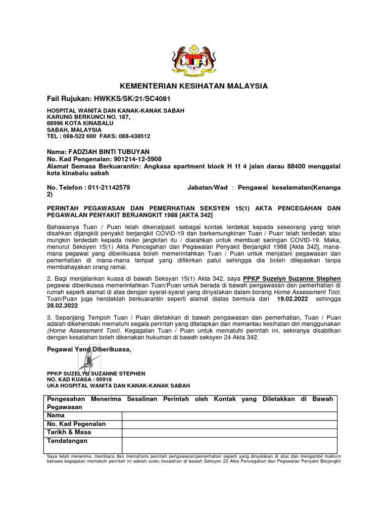 Kementerian Kesihatan Malaysia: Fail Rujukan: HWKKS/SK/21/SC4081 | PDF