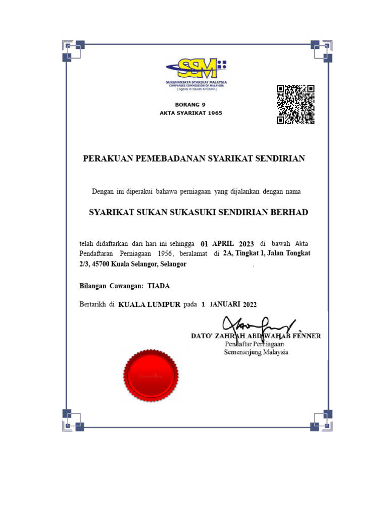 Sijil Pendaftaran Syarikat | PDF | Pengelolaan Keuangan & Uang | Hukum