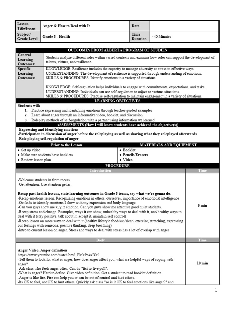 Eportfolio Lesson Plan - Health - Anger | PDF