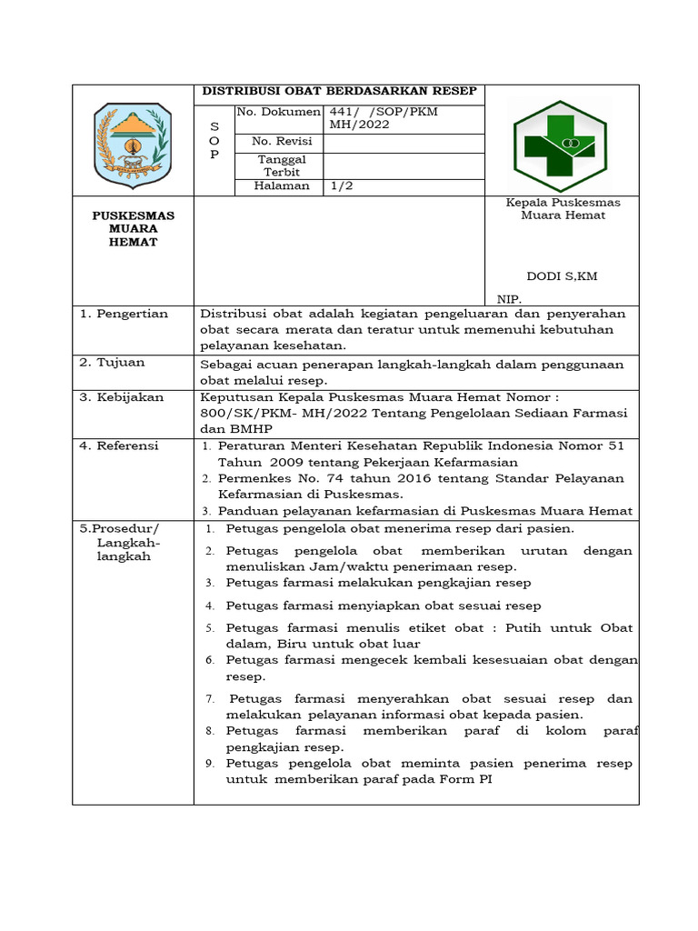 Sop Distribusi Obat Berdasarkan Resep | PDF
