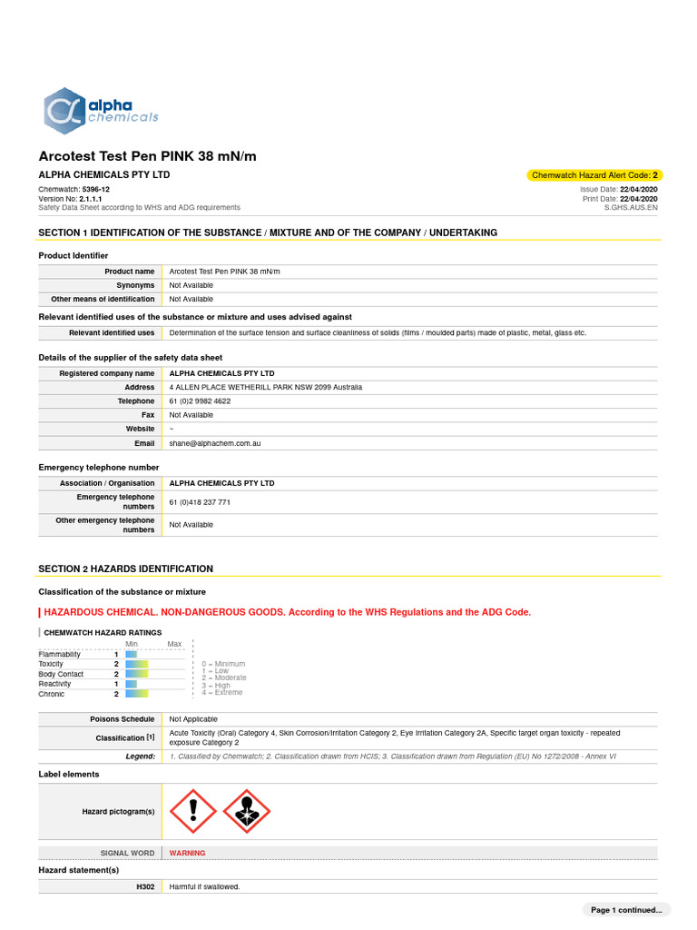 SDS Arcotest Test Pen PINK 38 MN M | PDF