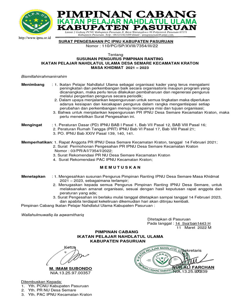 110/PC/SP/XVIII/7354/III/22: Surat Pengesahan PC Ipnu Kabupaten ...