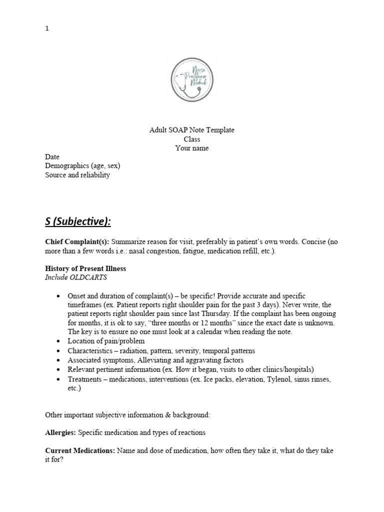 Adult Soap Note Guide | PDF | Medical Diagnosis | Physical Examination