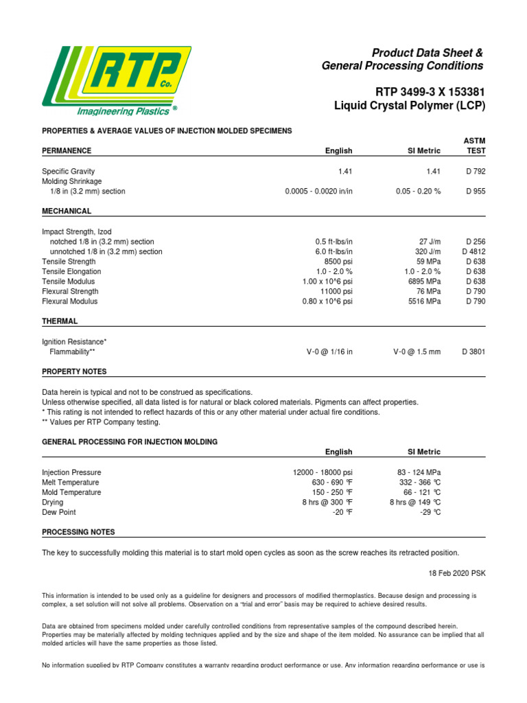 RTP 3499-3 LCP Injection Molding Guide | PDF
