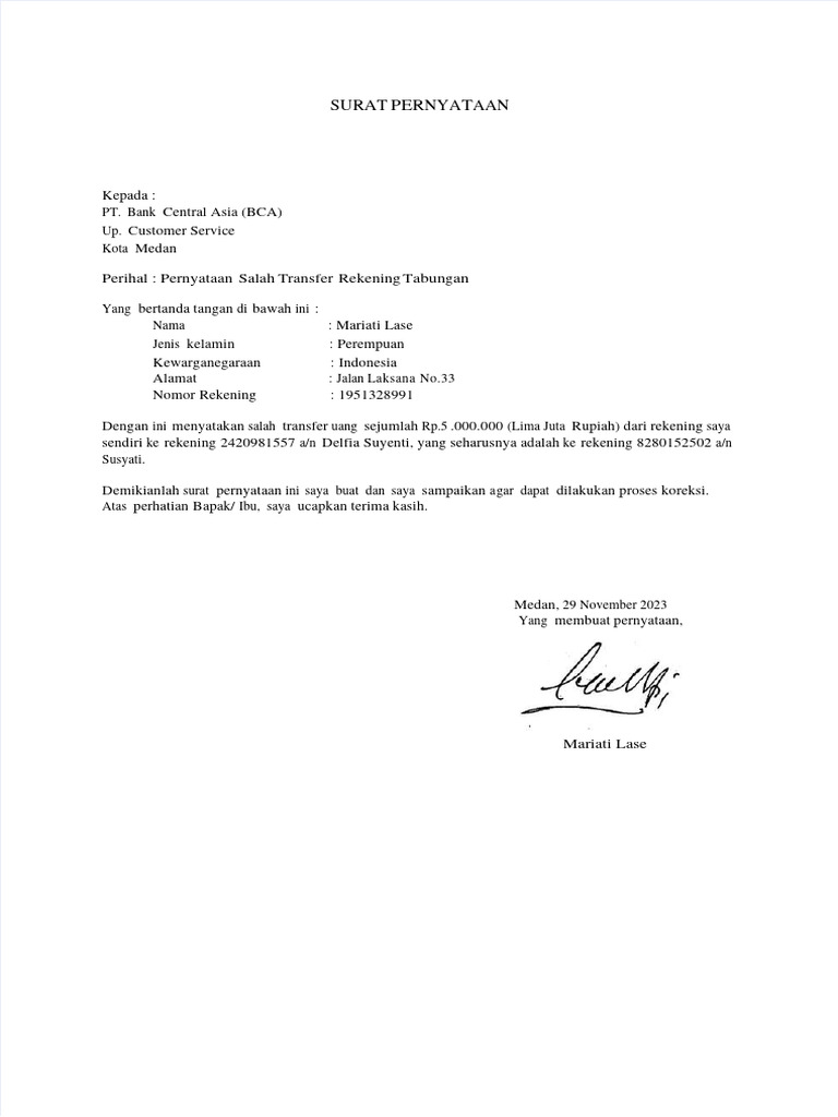Surat Pernyataan Salah Transfer | PDF